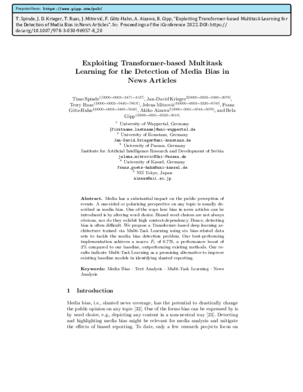 (PDF) Exploiting Transformer-based Multitask Learning for the Detection of Media Bias in News ...