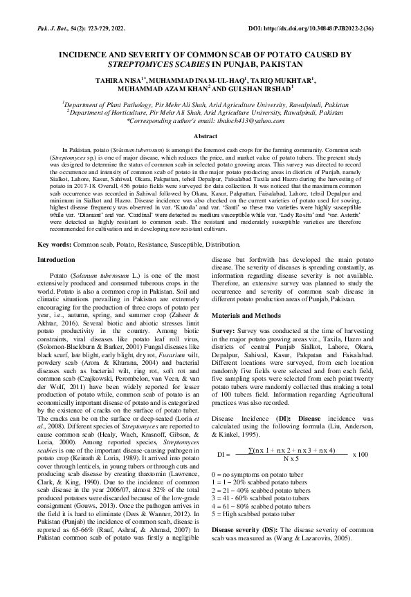 (PDF) Incidence and severity of common scab of potato caused by ...