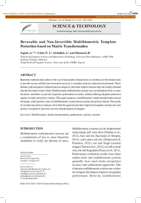 (PDF) Revocable and non-invertible multibiometric template protection based on matrix transformation