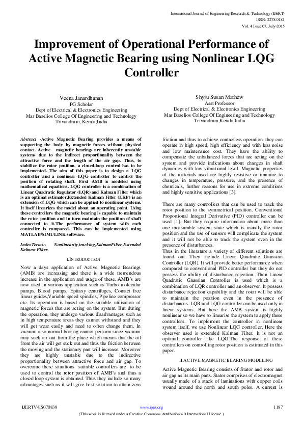 (PDF) Improvement of Operational Performance of Active Magnetic Bearing using Nonlinear LQG ...