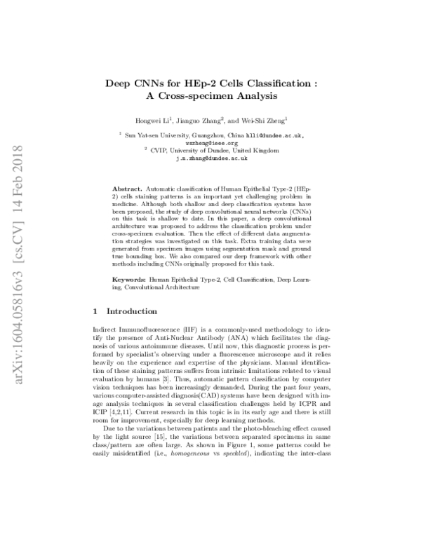 Pdf Deep Cnns For Hep 2 Cells Classification A Cross Specimen Analysis