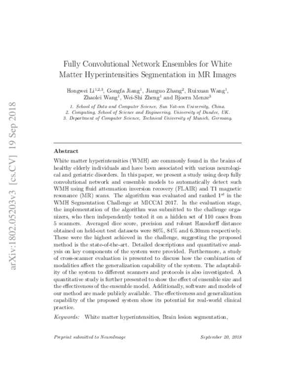 (PDF) Fully convolutional network ensembles for white matter hyperintensities segmentation in MR ...