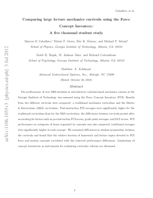 (PDF) Comparing large lecture mechanics curricula using the Force Concept Inventory: A five ...