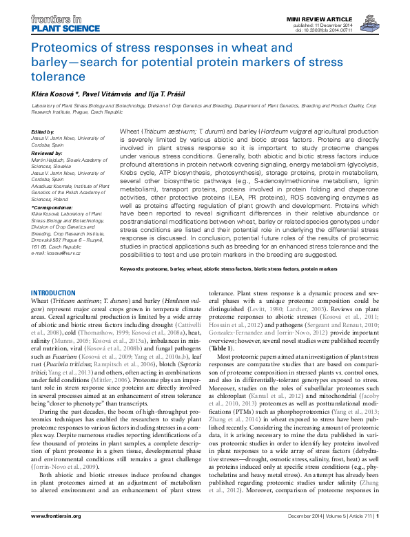 (PDF) Proteomics of stress responses in wheat and barley-search for ...