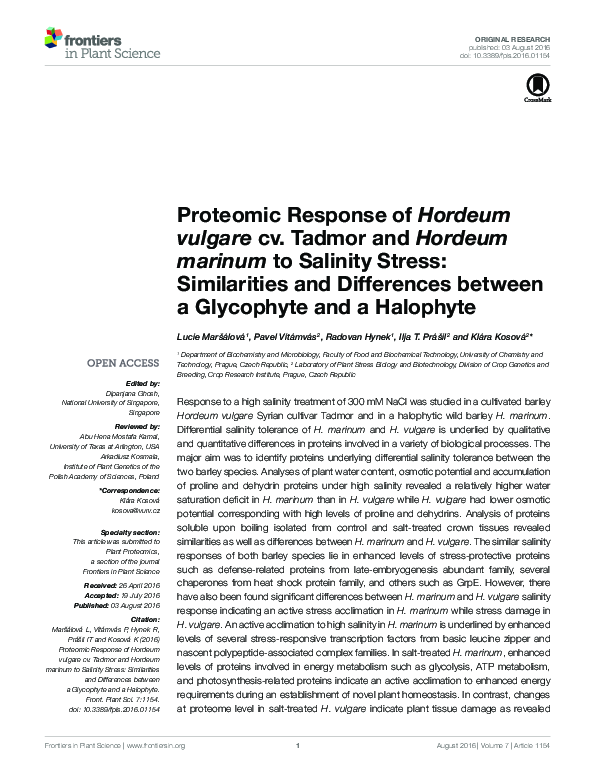 (PDF) Proteomic Response of Hordeum vulgare cv. Tadmor and Hordeum ...