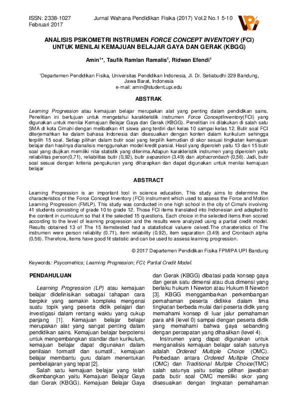(PDF) Analisis Psikometri Instrumen Force Concept Inventory (Fci) Untuk ...