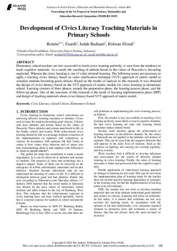 (PDF) Development of Civics Literacy Teaching Materials in Primary Schools