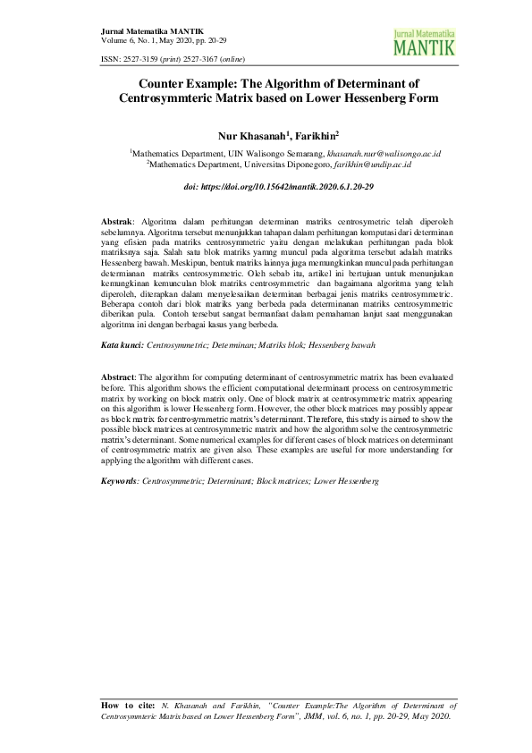 Pdf Counter Example The Algorithm Of Determinant Of Centrosymmteric Matrix Based On Lower