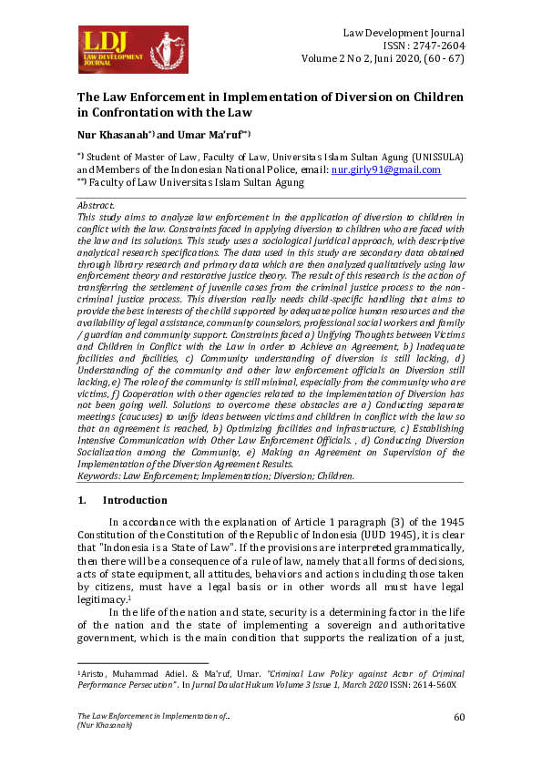 (PDF) The Law Enforcement in Implementation of Diversion on Children in Confrontation with the ...
