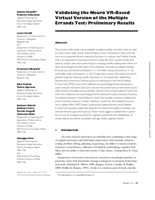 (PDF) Validating the Neuro VR-Based Virtual Version of the Multiple ...
