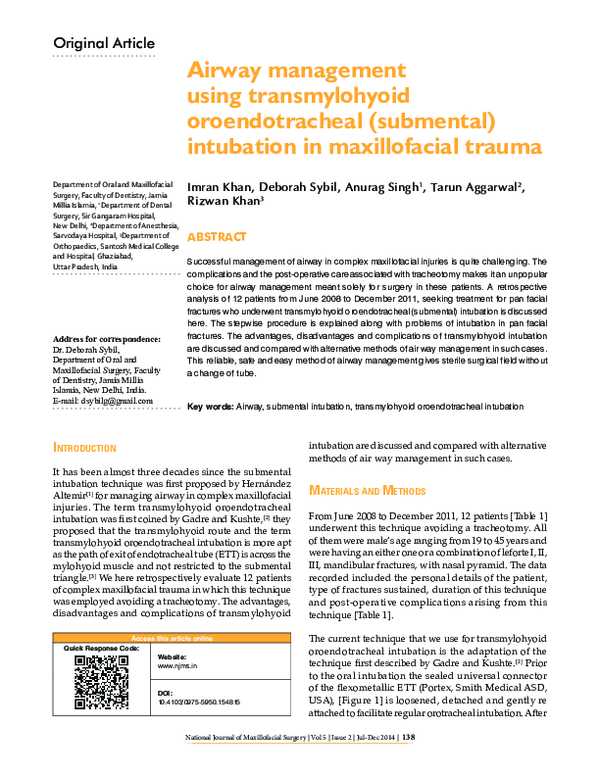 (PDF) Airway management using transmylohyoid oroendotracheal (submental ...