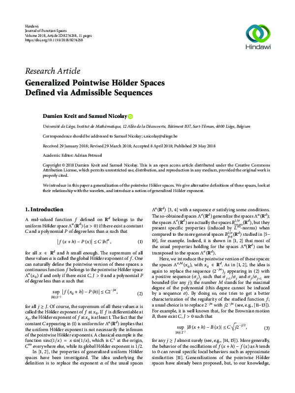 Pdf Generalized Pointwise Hoelder Spaces Defined Via Admissible Sequences Samuel Nicolay