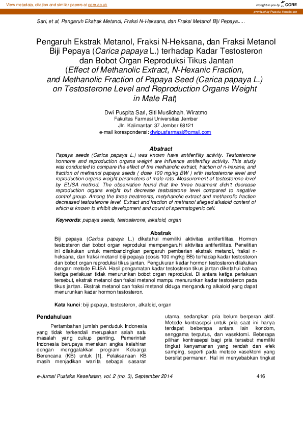 (PDF) Pengaruh Ekstrak Metanol, Fraksi N-Heksana, dan Fraksi Metanol Biji Pepaya (Carica papaya ...