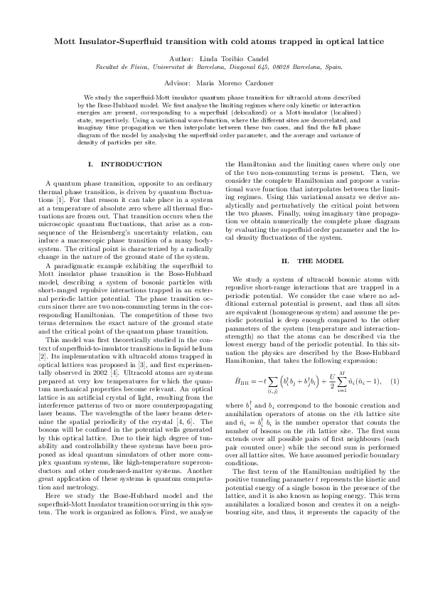 (PDF) Mott Insulator-Superﬂuid transition with cold atoms trapped in ...