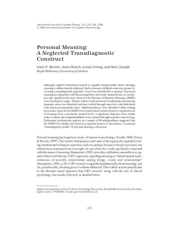 (PDF) Personal Meaning: A Neglected Transdiagnostic Construct