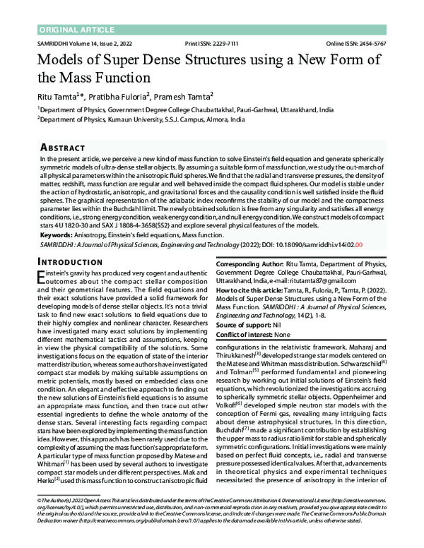 (PDF) Models of Super Dense Structures using a New Form of the Mass ...