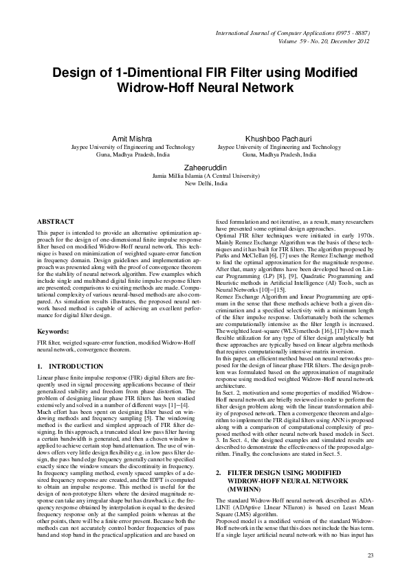 (PDF) Design of 1-Dimentional FIR Filter using Modified Widrow-Hoff Neural Network | C ...