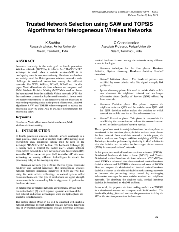 (PDF) Trusted Network Selection using SAW and TOPSIS Algorithms for ...