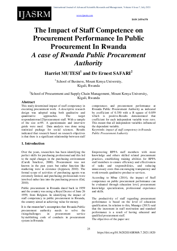 (PDF) The impact of staff competence on procurement performance in public procurement in Rwanda ...