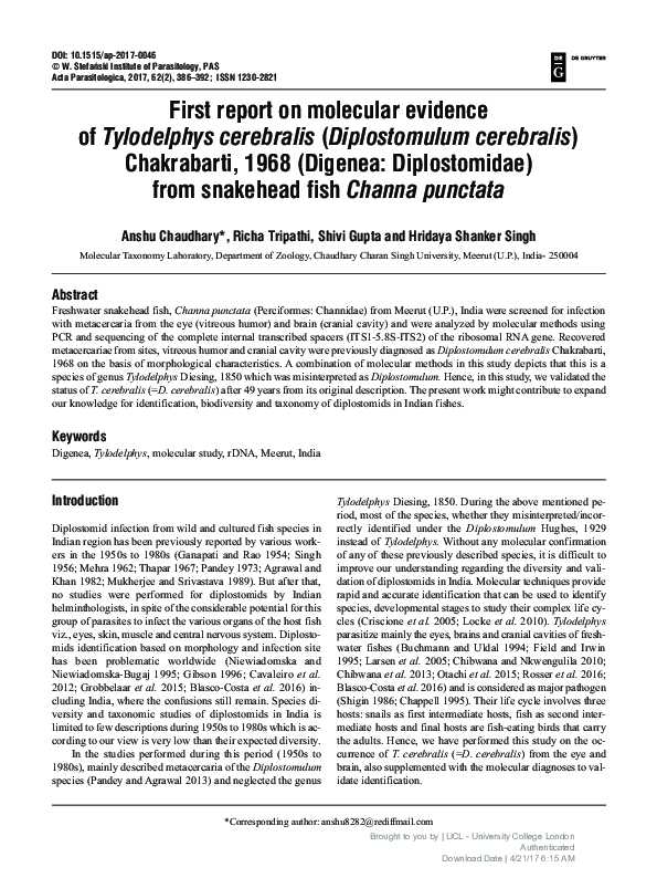 (PDF) First report on molecular evidence of Tylodelphys cerebralis ...