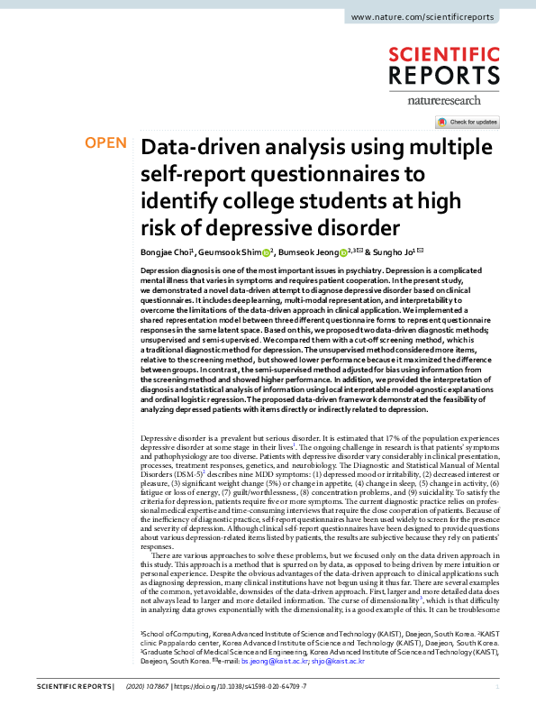 Pdf Data Driven Analysis Using Multiple Self Report Questionnaires To Identify College