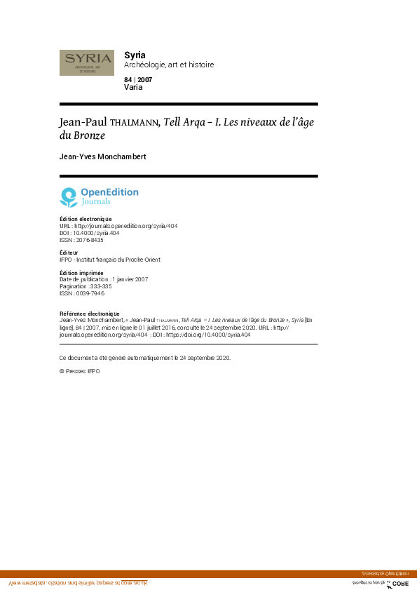 (PDF) Jean‑Paul Thalmann, Tell Arqa – I. Les niveaux de l’âge du Bronze