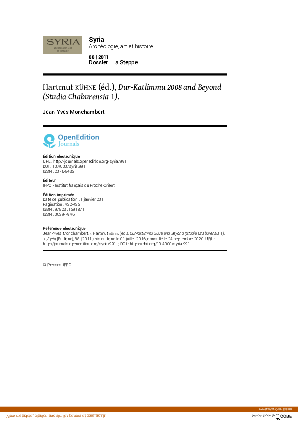 (PDF) Hartmut Kühne (éd.), Dur-Katlimmu 2008 and Beyond (Studia ...