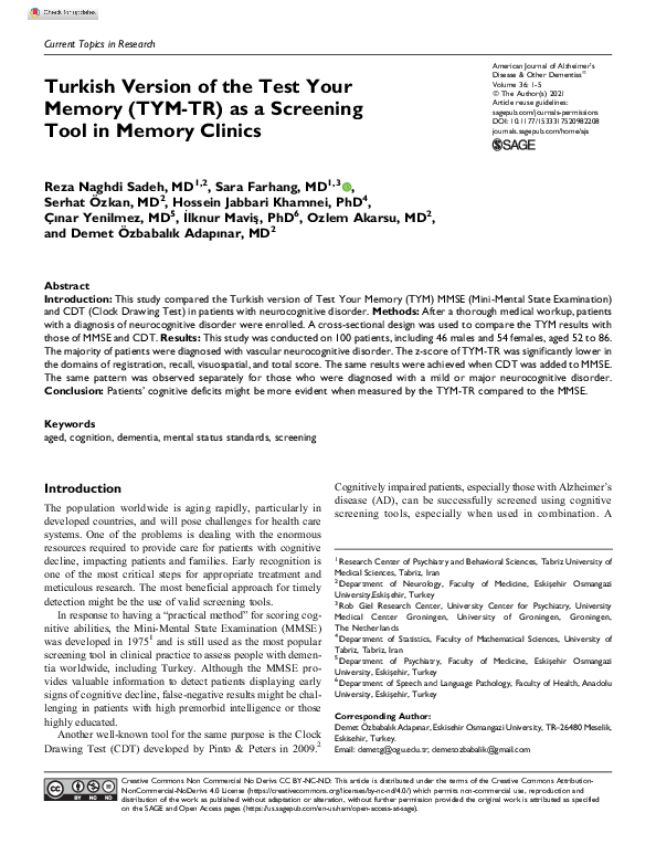 (PDF) Turkish Version of the Test Your Memory (TYM-TR) as a Screening ...