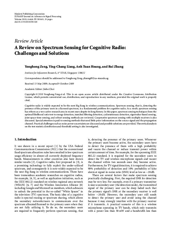 (PDF) Spectrum Sensing Techniques in Cognitive Radio: Review and Challenges