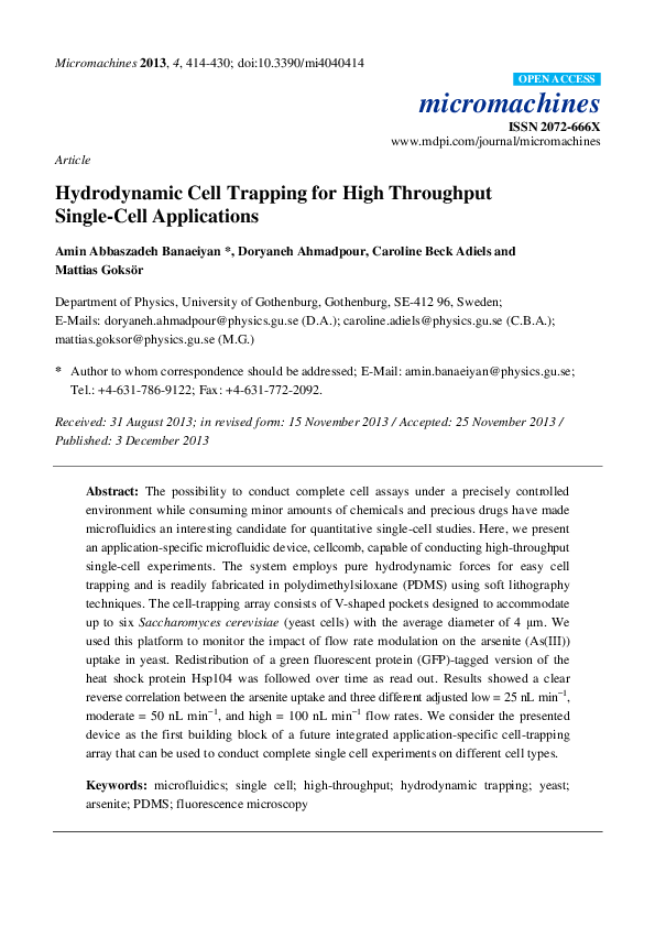 (PDF) Hydrodynamic Cell Trapping for High Throughput Single-Cell Applications