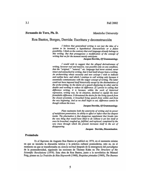 (PDF) Roa Bastos, Borges, Derrida: Escritura y deconstrucción ...