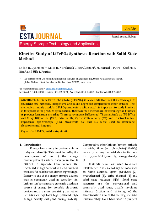 (PDF) Kinetics Study of LiFePO4 Synthesis Reaction with Solid State Method