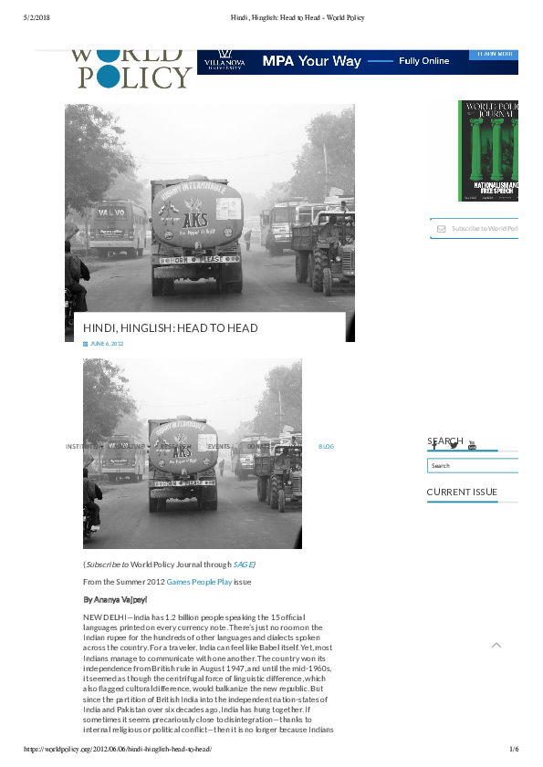(PDF) Hindi, Hinglish: Head to Head