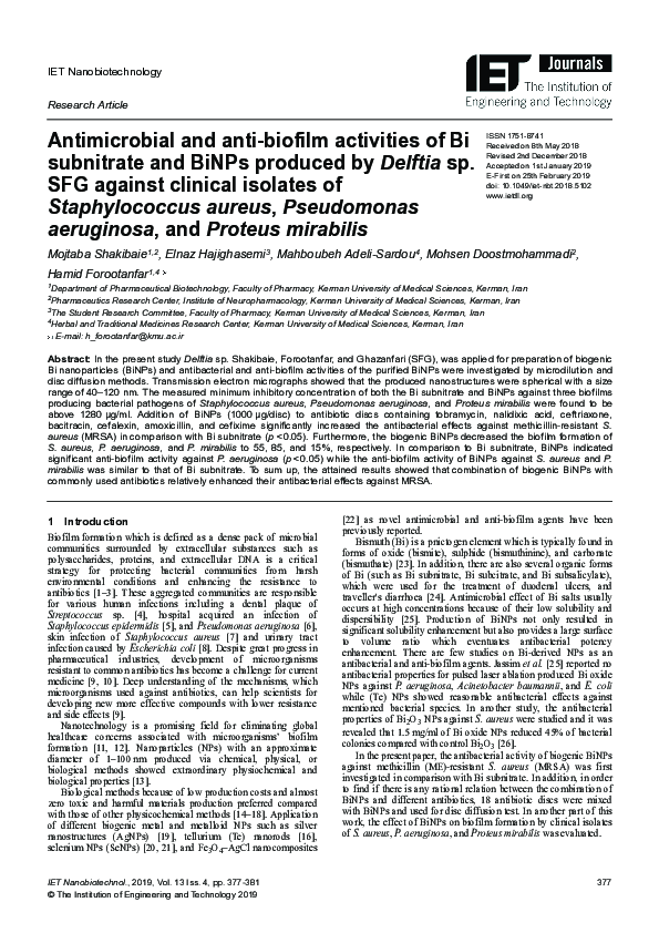 (PDF) Antimicrobial and anti‐biofilm activities of Bi subnitrate and BiNPs produced by Delftia ...