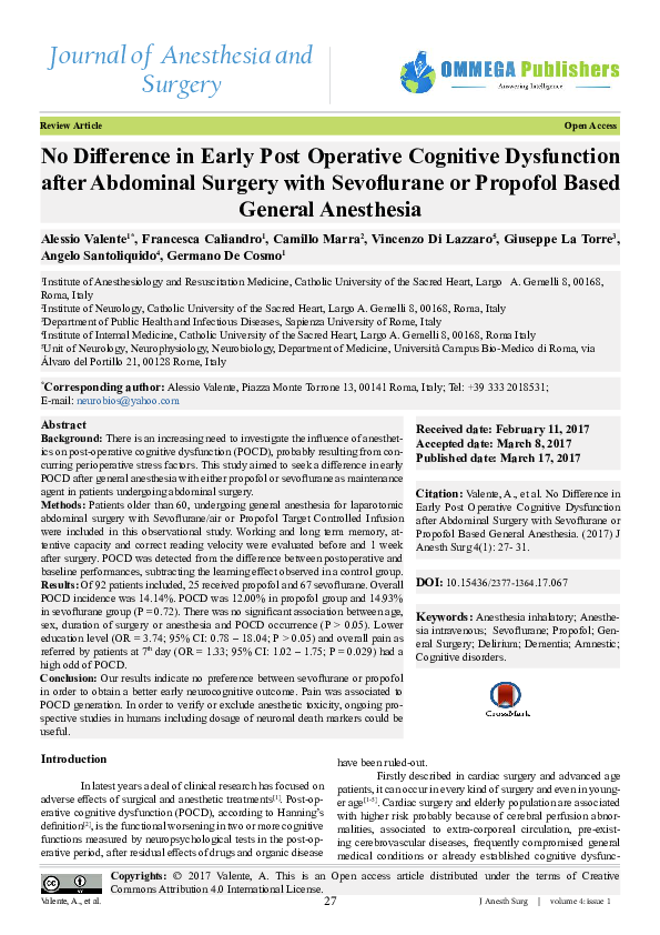 (PDF) No Difference in Early Post Operative Cognitive Dysfunction after ...