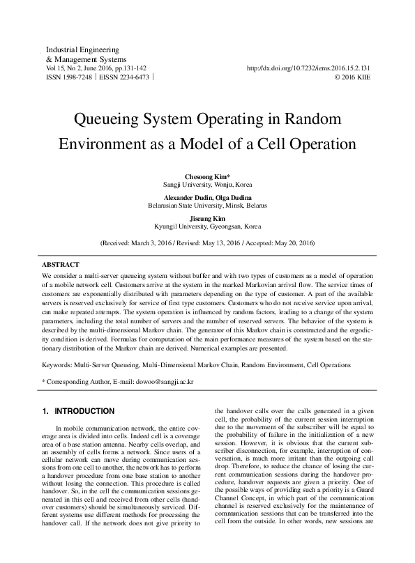 Pdf Queueing System Operating In Random Environment As A Model Of A Cell Operation 