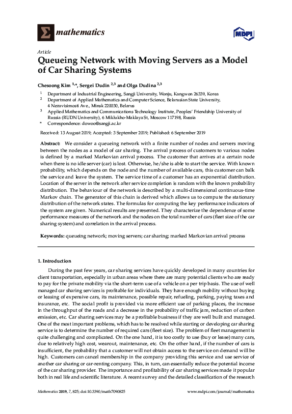 (PDF) Queueing Network with Moving Servers as a Model of Car Sharing Systems