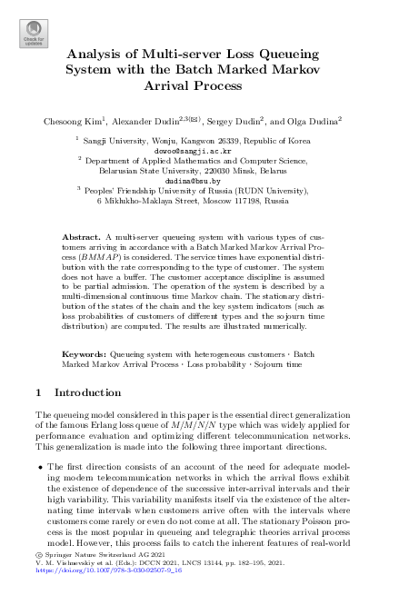 Pdf Analysis Of Multi Server Loss Queueing System With The Batch Marked Markov Arrival Process