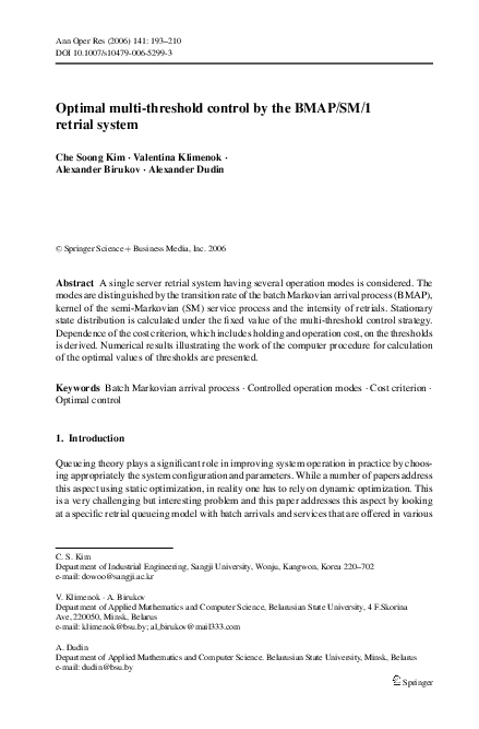 (PDF) Optimal multi-threshold control by the BMAP/SM/1 retrial system