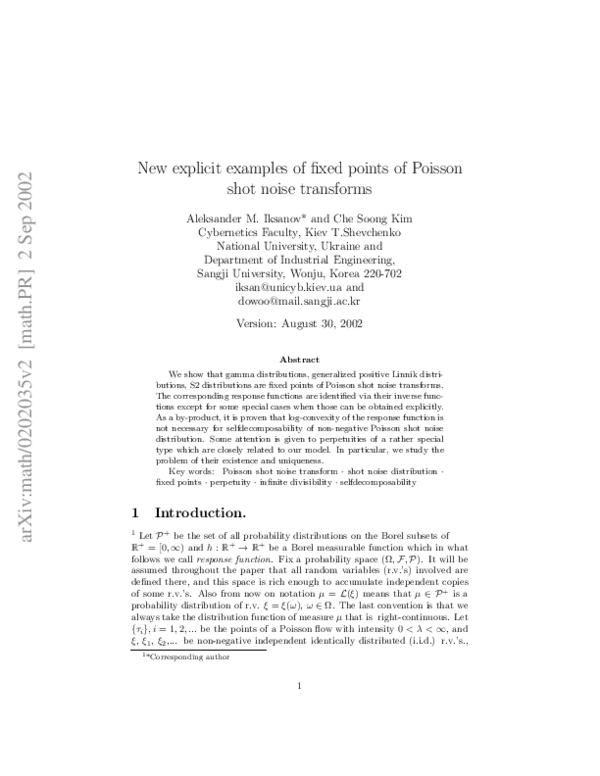 Pdf New Explicit Examples Of Fixed Points Of Poisson Shot Noise Transforms