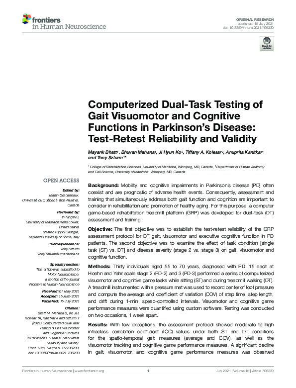Pdf Computerized Dual Task Testing Of Gait Visuomotor And Cognitive Functions In Parkinsons