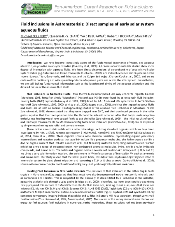 (PDF) Fluid Inclusions in Astromaterials: Direct Samples of Early Solar ...