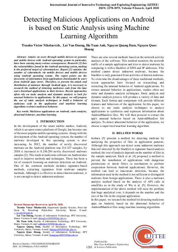 (PDF) Detecting Malicious Android Applications via Static Analysis and ML