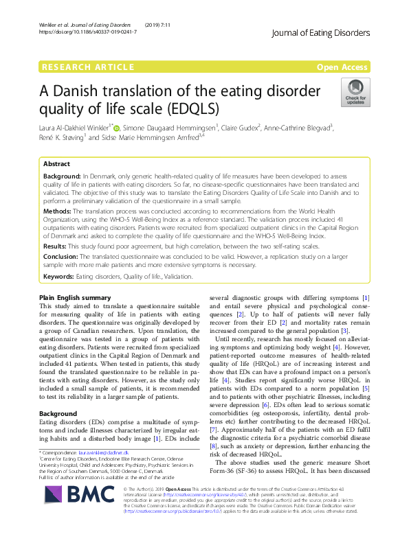 (PDF) A Danish translation of the eating disorder quality of life scale ...