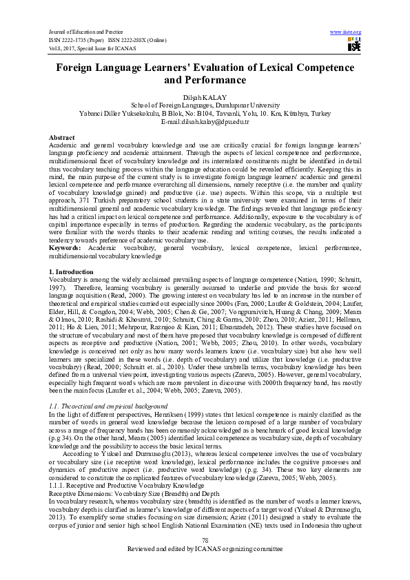 (PDF) Foreign Language Learners' Evaluation of Lexical Competence and Performance