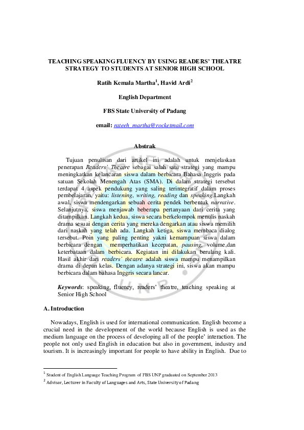 (PDF) Teaching Speaking Fluency by Using Readers’ Theatre Strategy to ...