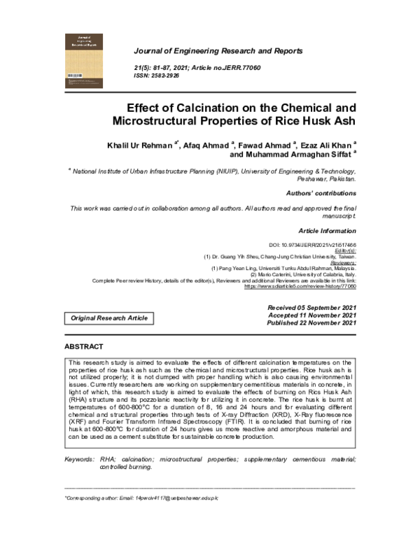(PDF) Effect of Calcination on the Chemical and Microstructural Properties of Rice Husk Ash