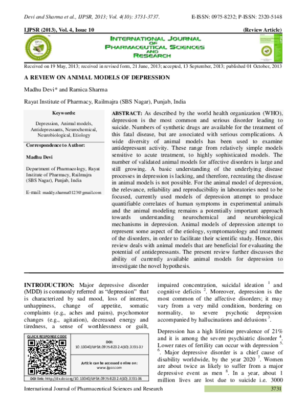(PDF) A Review on Animal Models of Depression