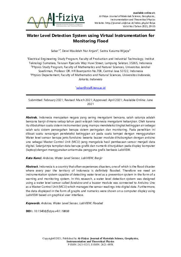 (PDF) Water Level Detection System based on Arduino and LabVIEW for Flood Monitors using Virtual ...