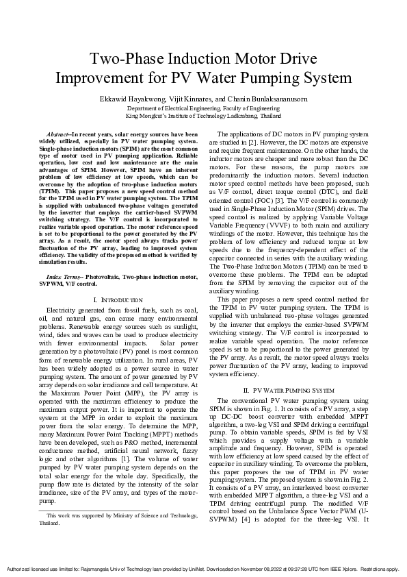 (PDF) Two-phase induction motor drive improvement for PV water pumping system